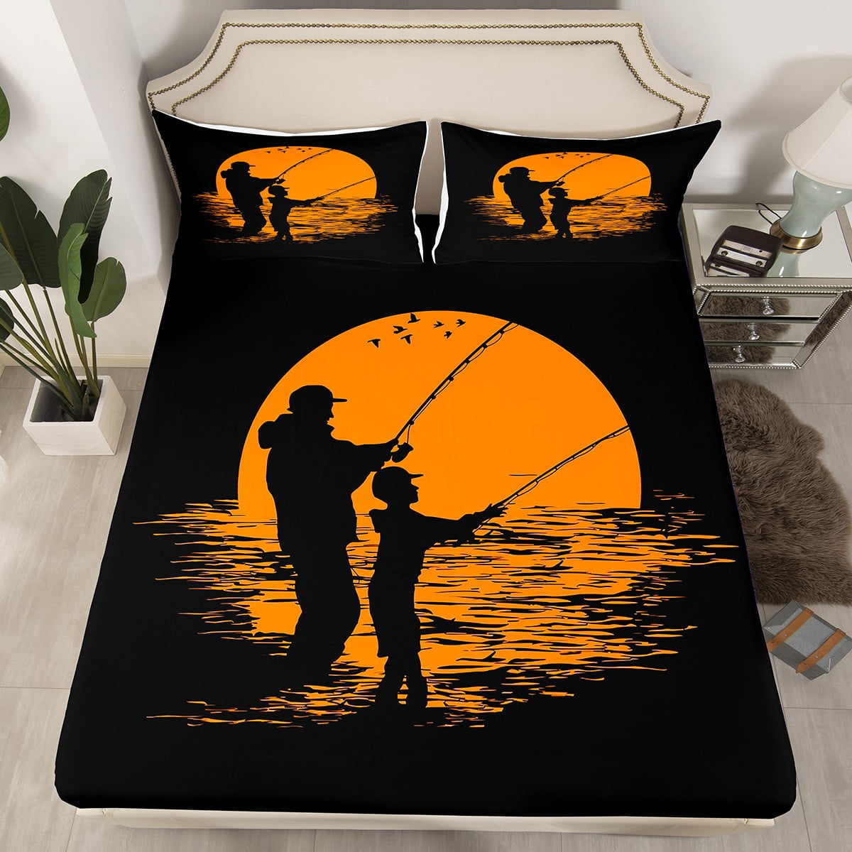 Fishing Fitted Sheet Queen, Father And Son Bed Sheets Men Father, Black ...