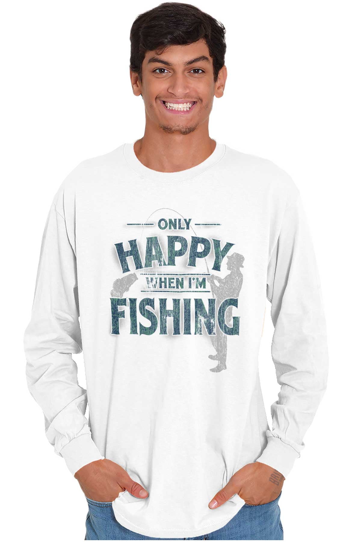 Fishing Funny Happy Angler Fishermens Men's Long Sleeve Tee T Shirt ...