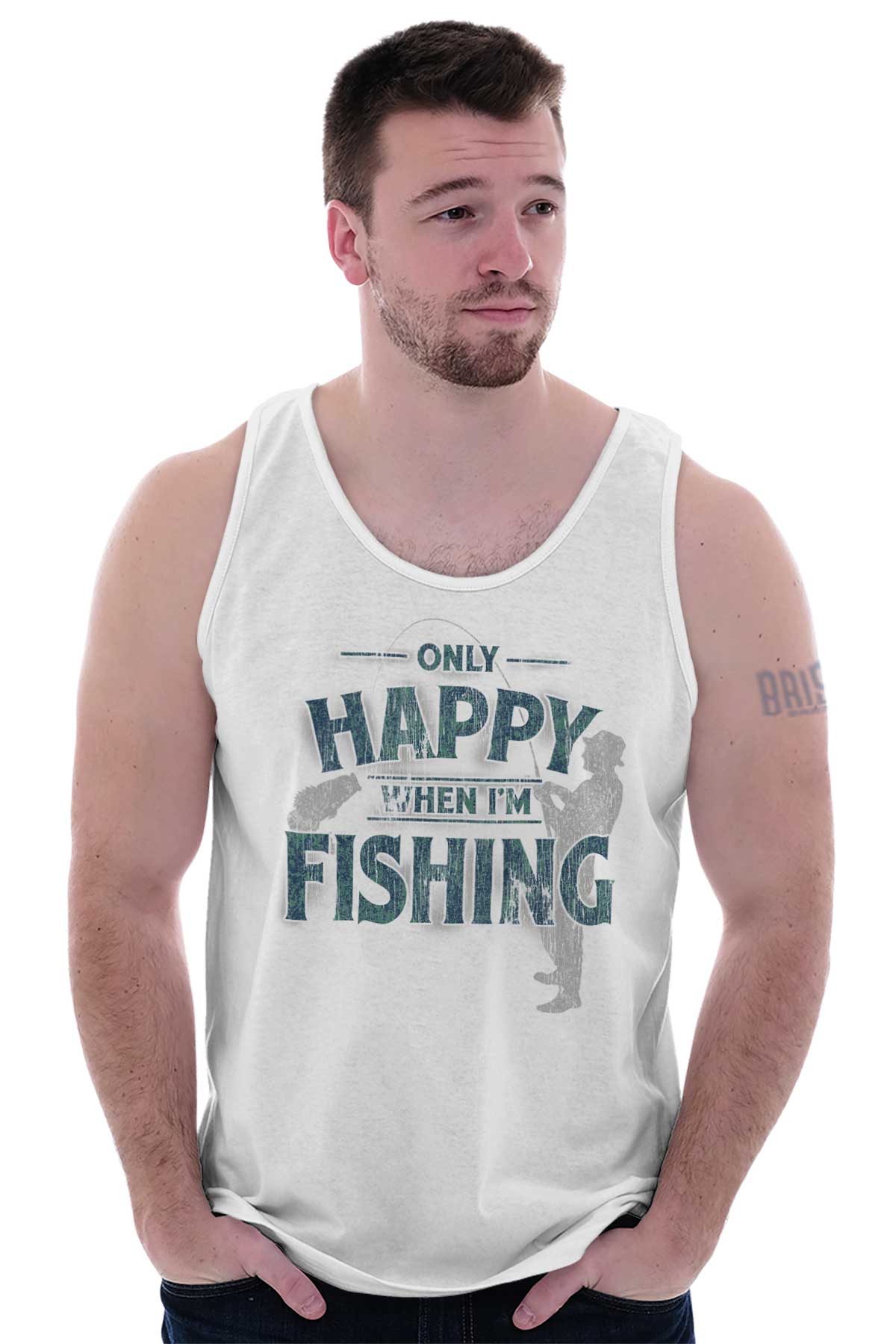 Fishing Funny Happy Angler Fishermens Tank Top Sleeveless Tee Men ...