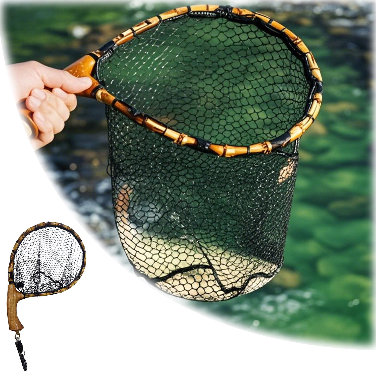 Fishing Gear Fly Fishing Net with Wooden Handle Lightweight Rubber ...