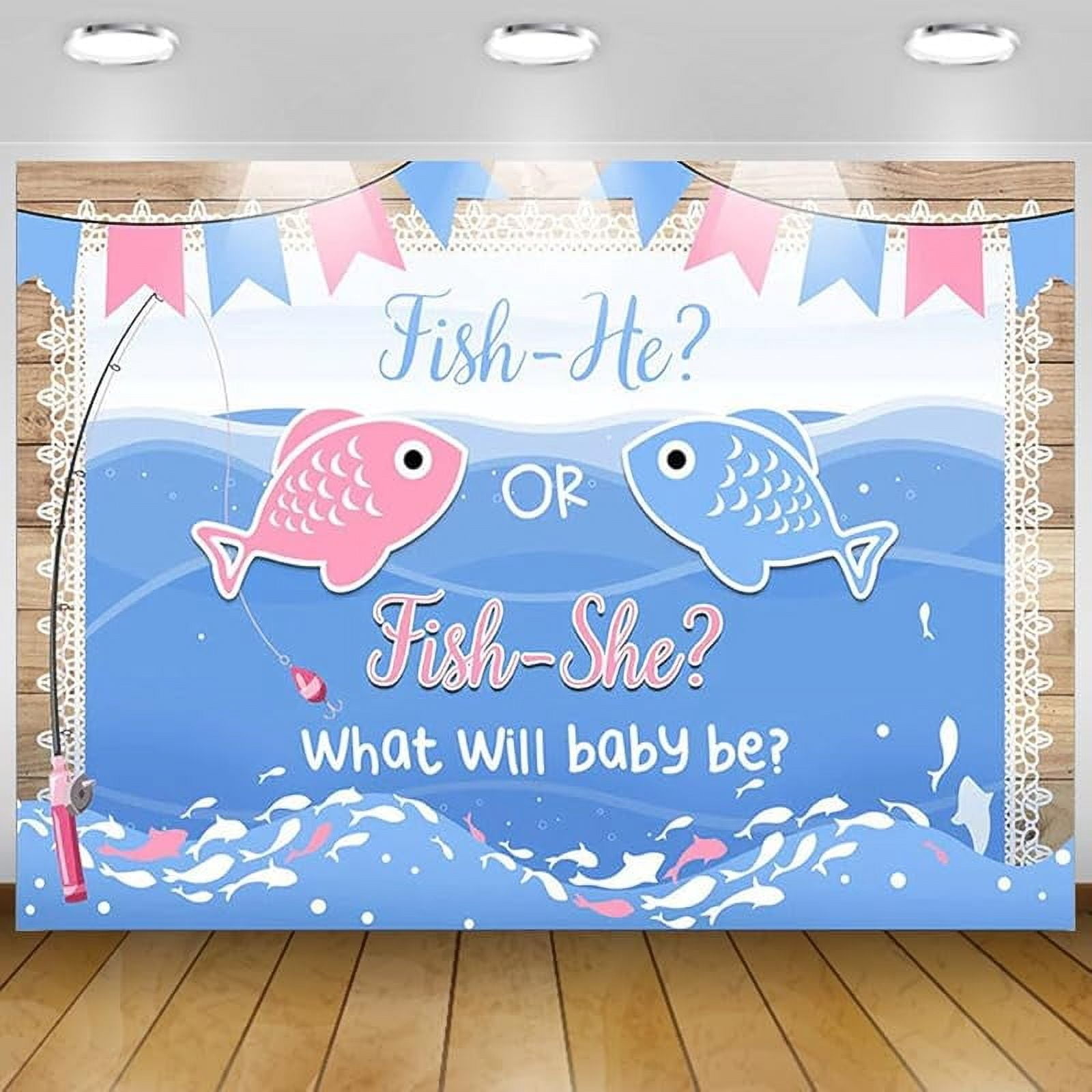 Fishing Gender Reveal Backdrop Blue Fish He Or Fish She Baby Shower ...