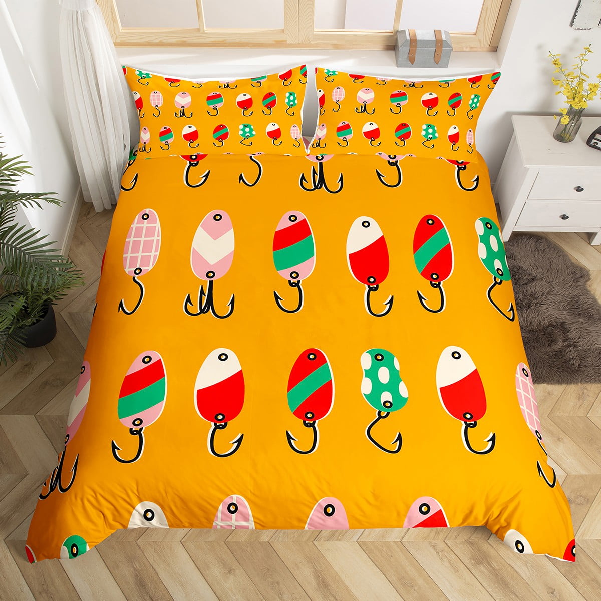 Fishing Hook Duvet Cover Full, Fishing Bedding Set, Hand Drawn Green ...