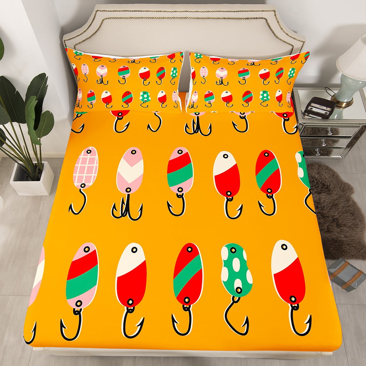 Fishing Hook Fitted Sheet Queen, Fishing Bed Sheets, Hand Drawn Green ...