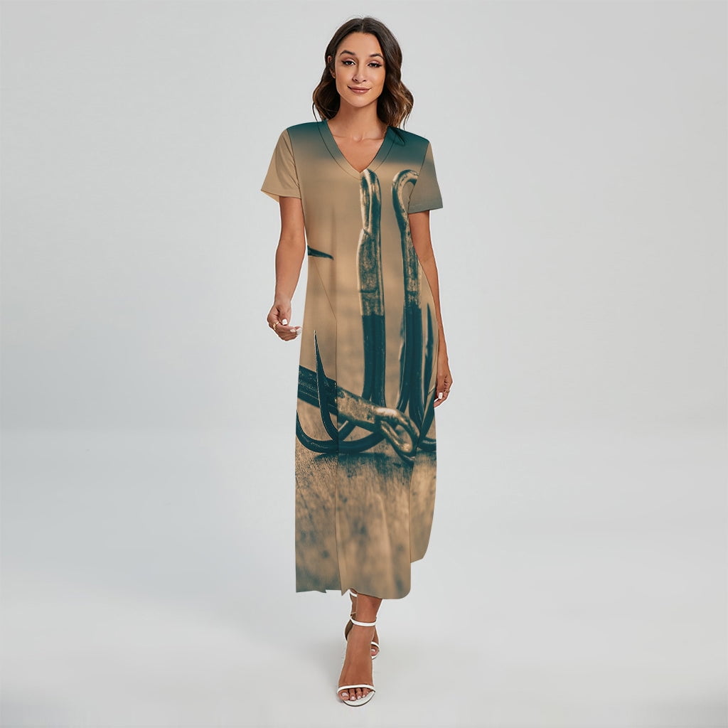 Fishing Hooks Printed Short Sleeve Maxi Dress, Fish Fishing Fashion ...