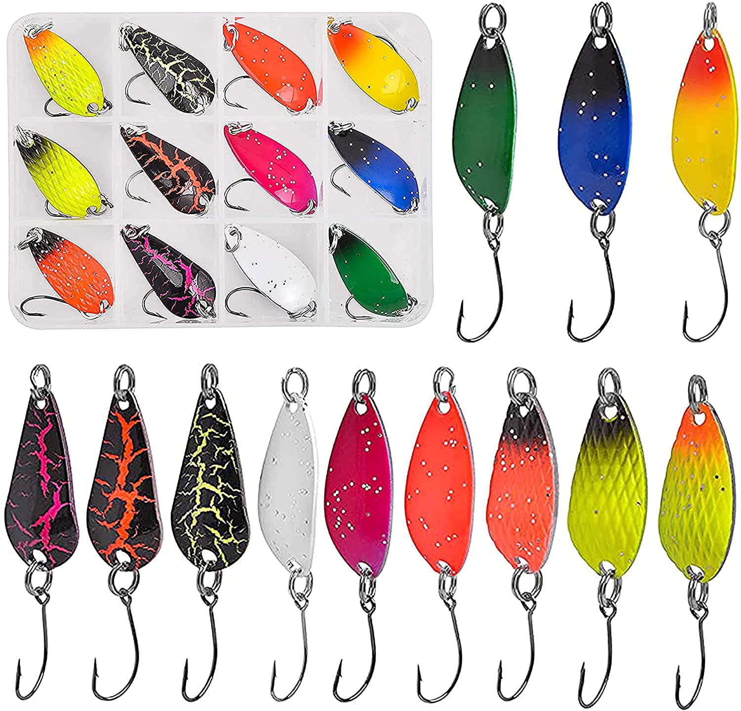 Fishing Jig Hooks Spoons Lure Baits 12pcs Trout Fishing Kit Hard Metal ...