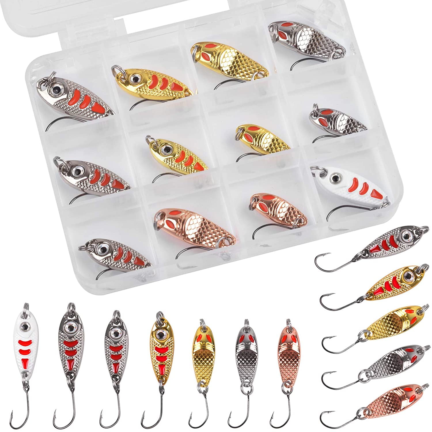 Fishing Jig Lure Spoons Hooks 12pcs Lure Baits Trout Fishing Kit Hard ...