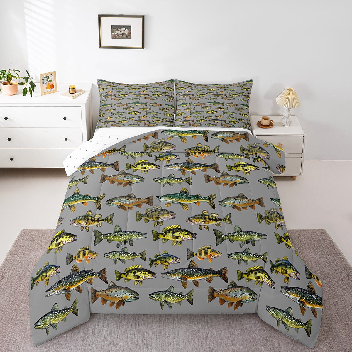 Fishing King Size Comforter Set, Retro Pike Fish Bed Set For Men Adults ...