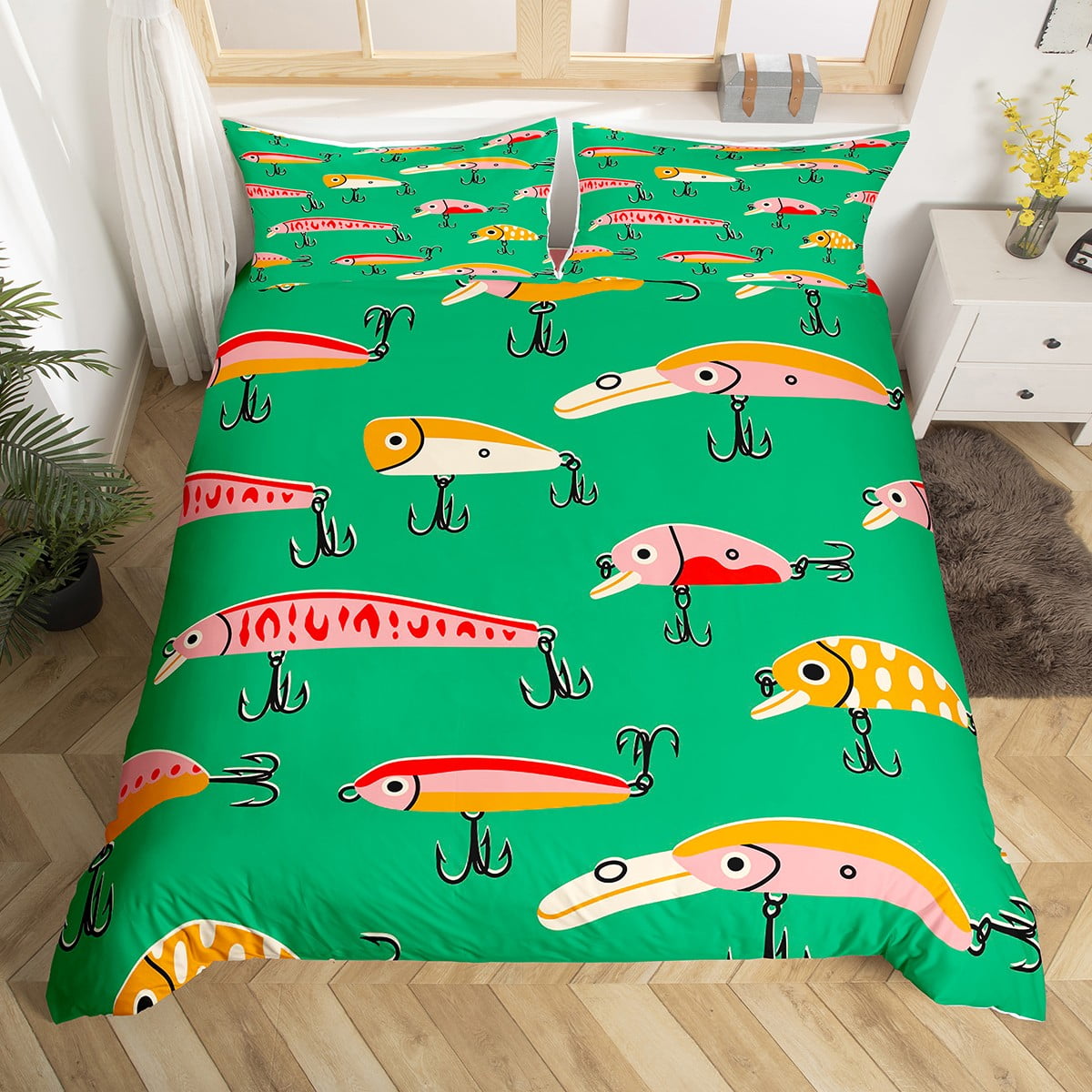 Fishing Lures Duvet Cover Twin, Fishes Bedding Set, Hand Drawn Green ...