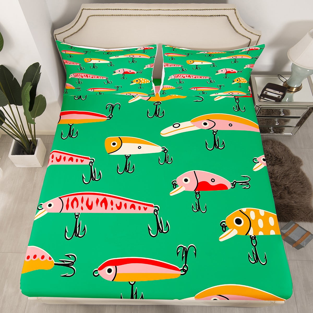 Fishing Lures Fitted Sheet Queen, Fishes Bed Sheets, Hand Drawn Green ...