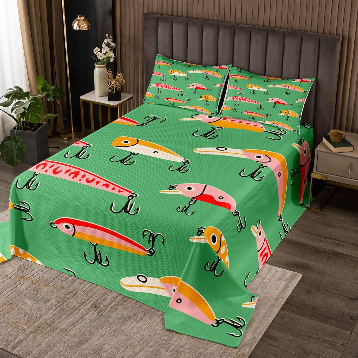 Fishing Lures Quilt Set Twin, Fishes Bedspread Set, Hand Drawn Green ...