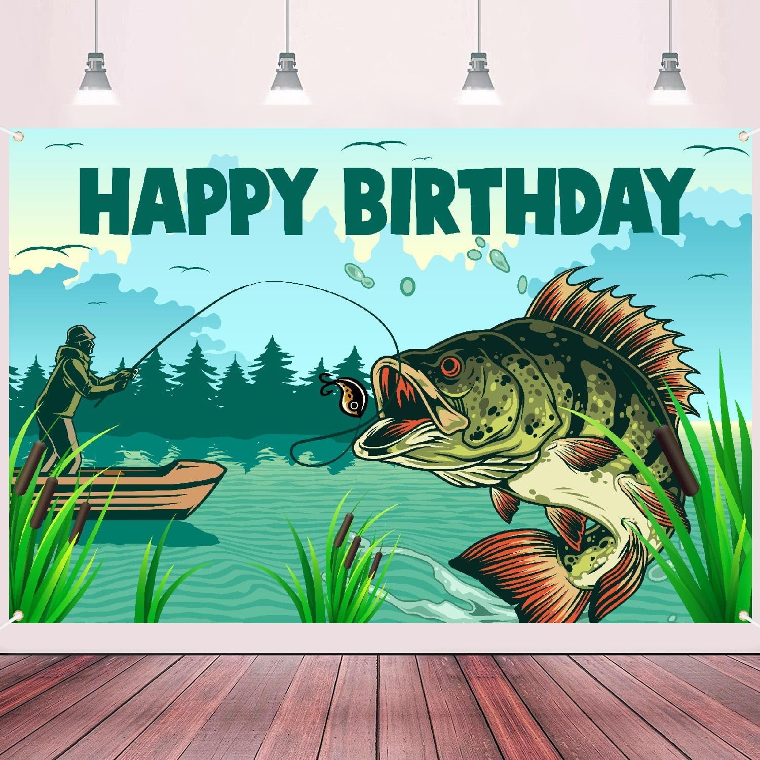 Fishing Man Lake Pole Fish Mouth Happy Birthday Backdrop Banner Love ...