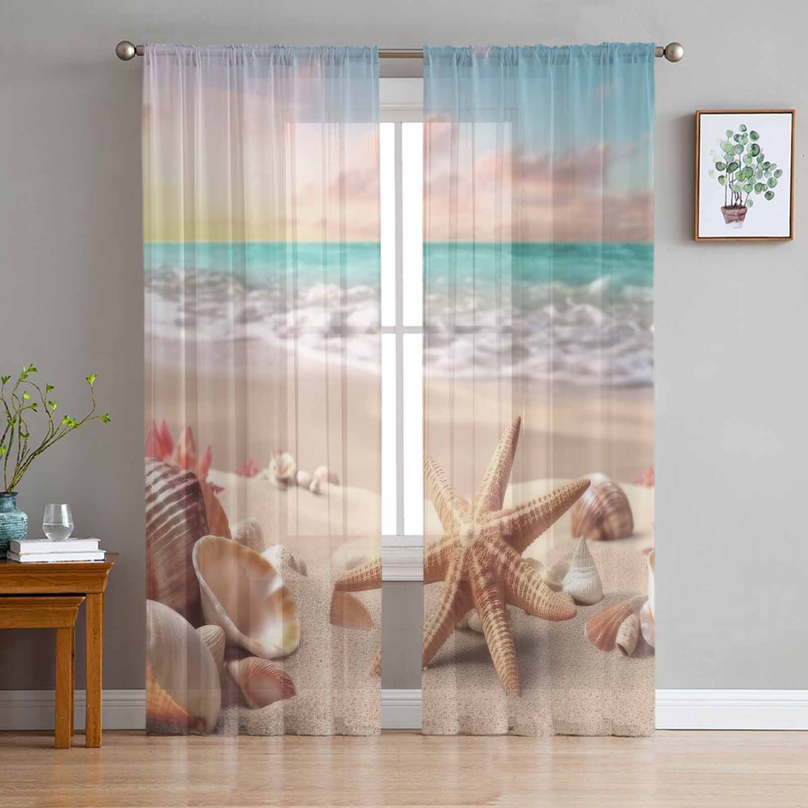 Fishing Net Star Lighthouse Beach Wooden Tulle Sheer Window Curtains ...