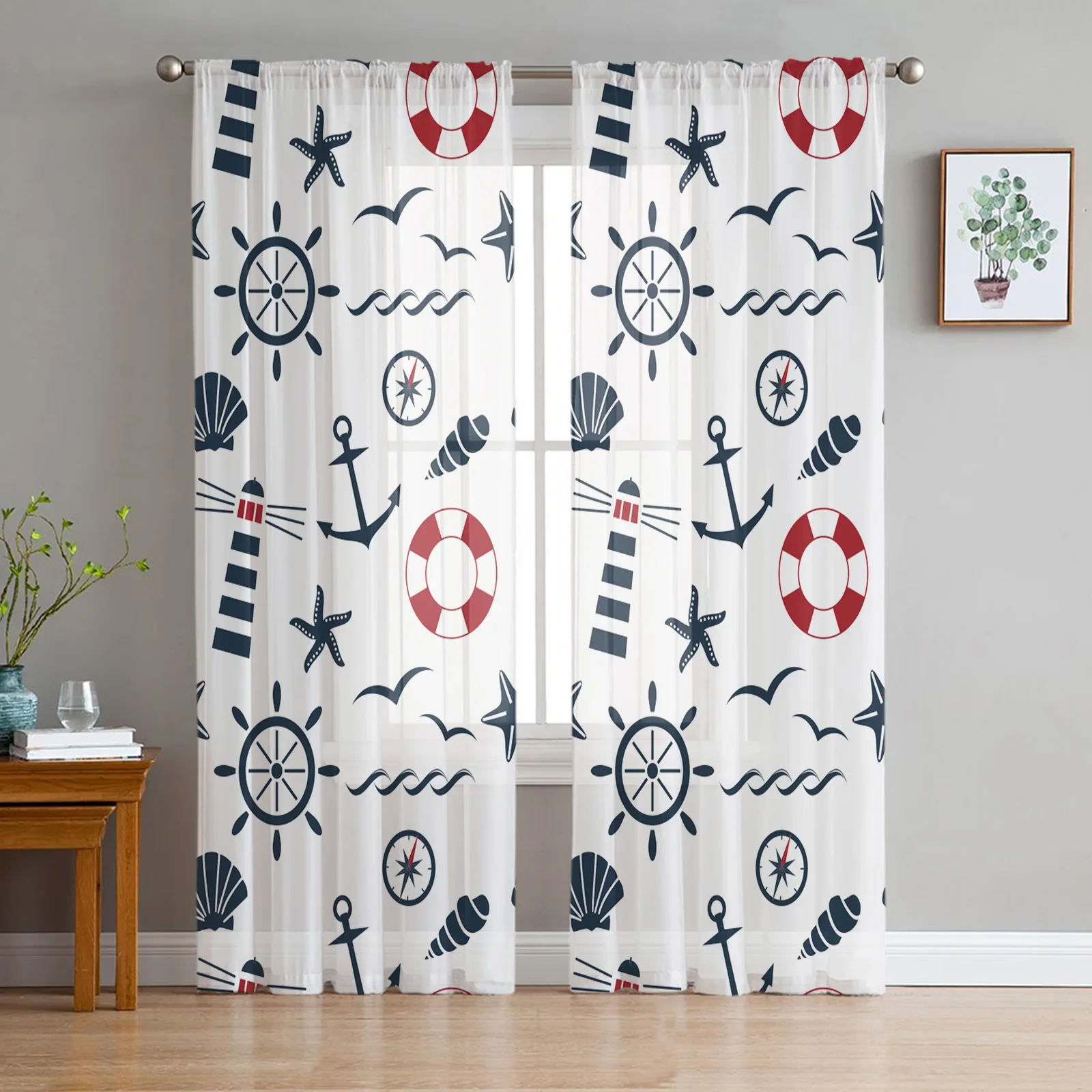 Fishing Net Star Lighthouse Beach Wooden Tulle Sheer Window Curtains ...
