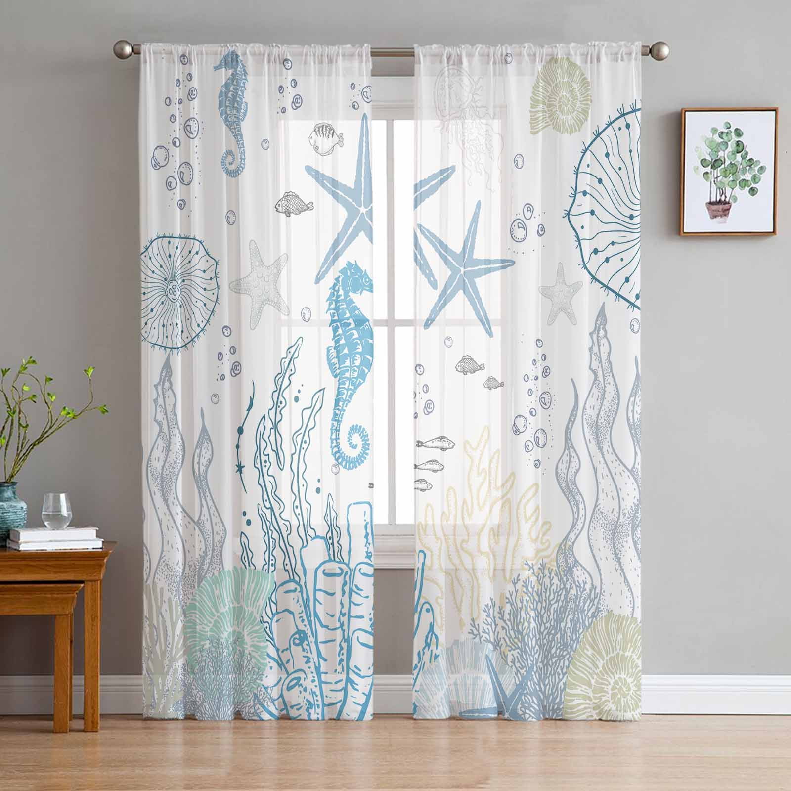Fishing Net Star Lighthouse Beach Wooden Tulle Sheer Window Curtains ...