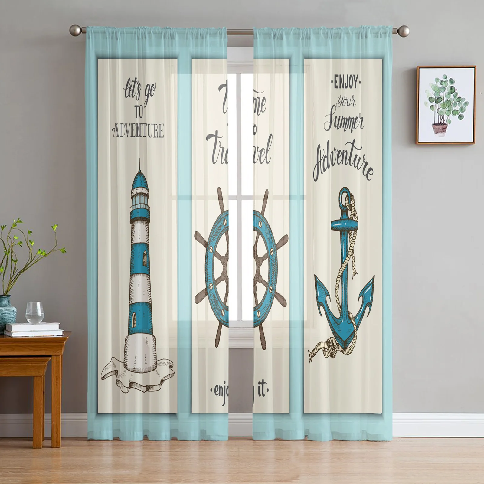 Fishing Net Star Lighthouse Beach Wooden Tulle Sheer Window Curtains ...