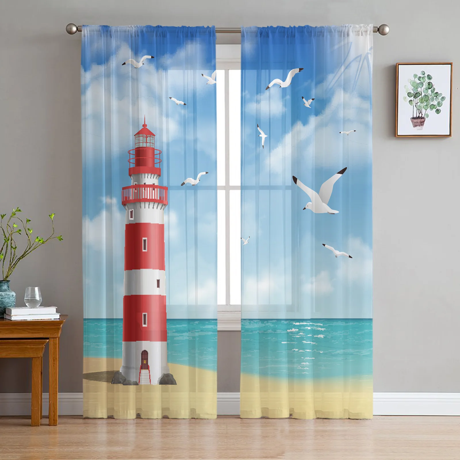 Fishing Net Star Lighthouse Beach Wooden Tulle Sheer Window Curtains ...