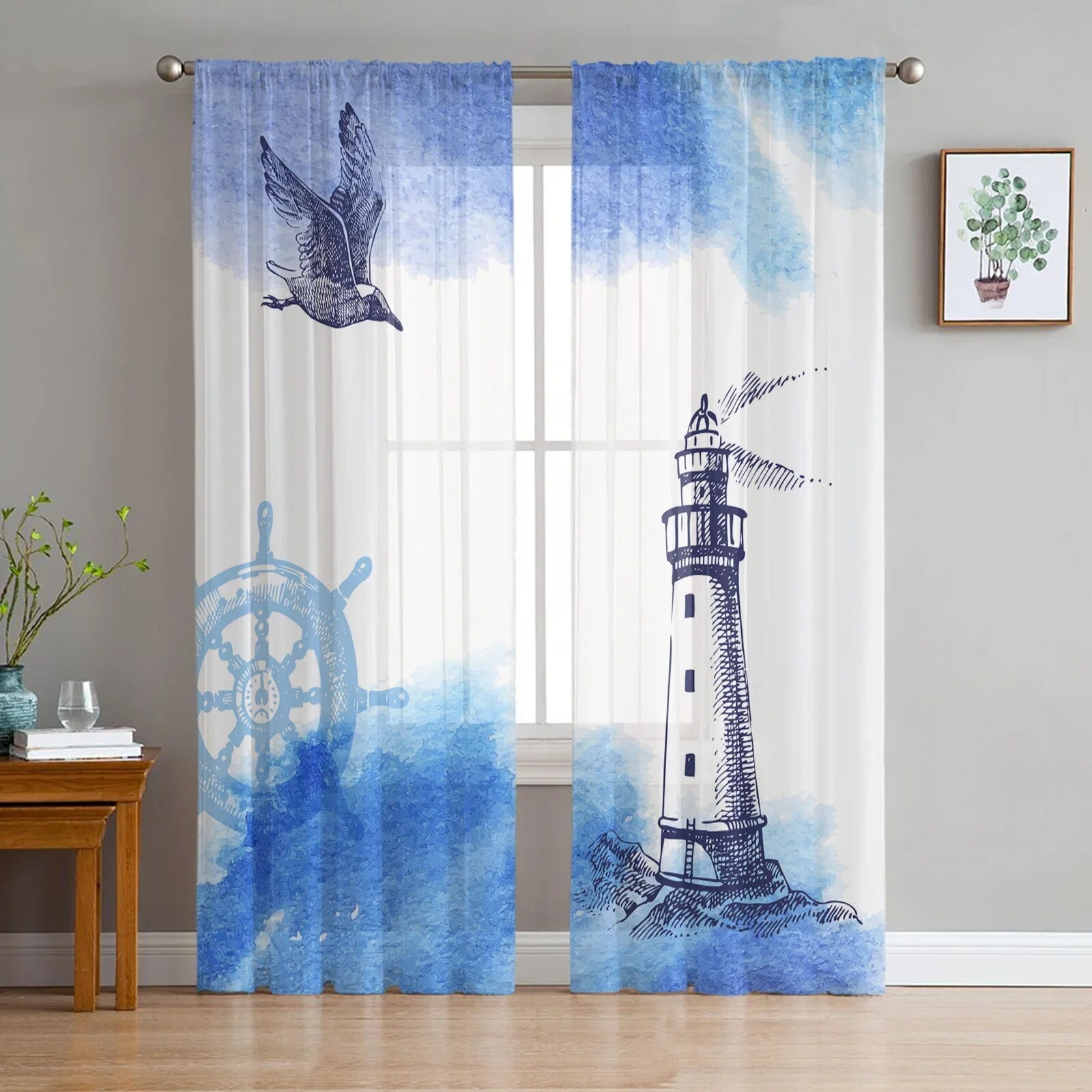 Fishing Net StarLighthouse Beach Wooden Tulle Sheer Window Curtains for ...