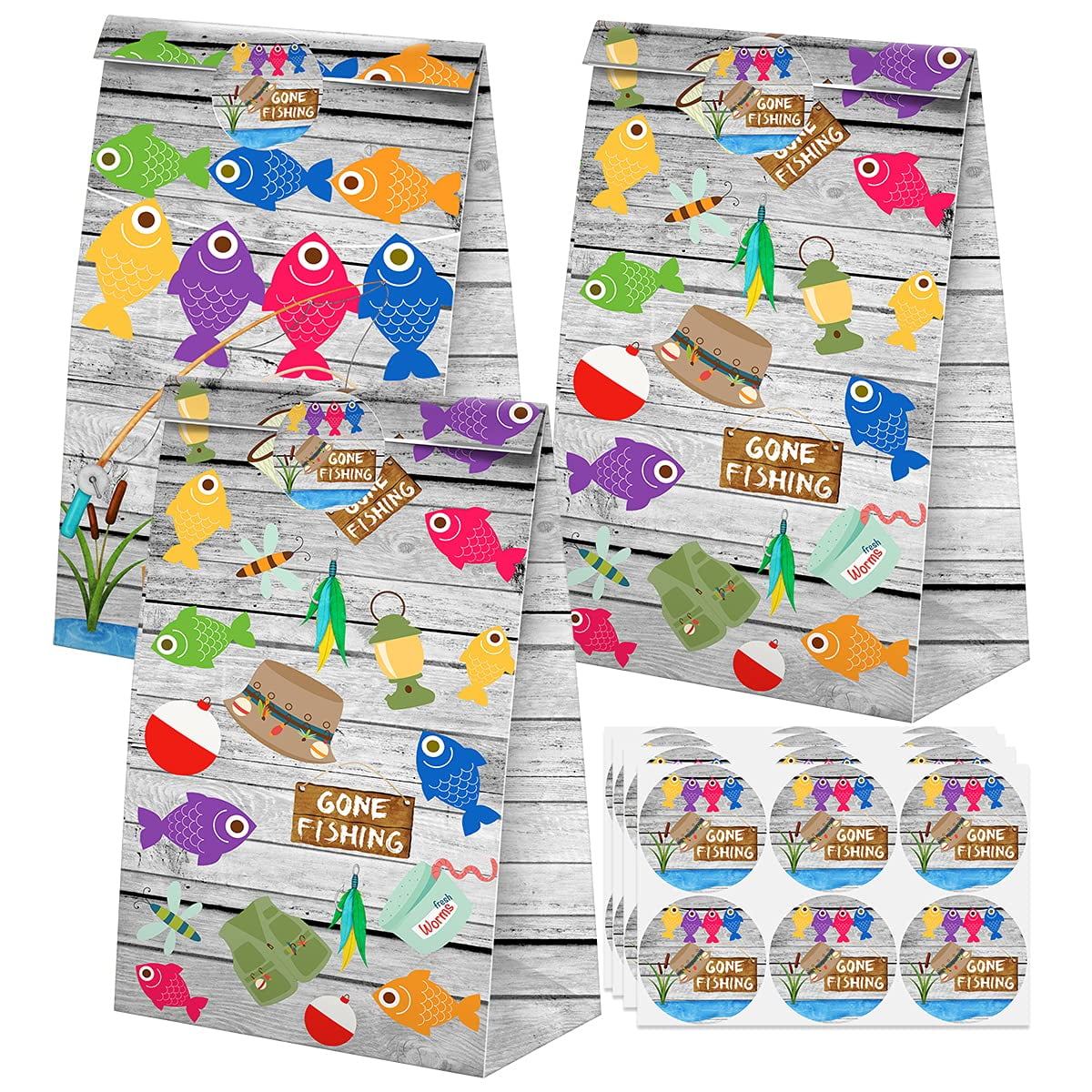 Fishing Party Favors Candy Bags with Stickers - 24 Pack Gone Fishing ...