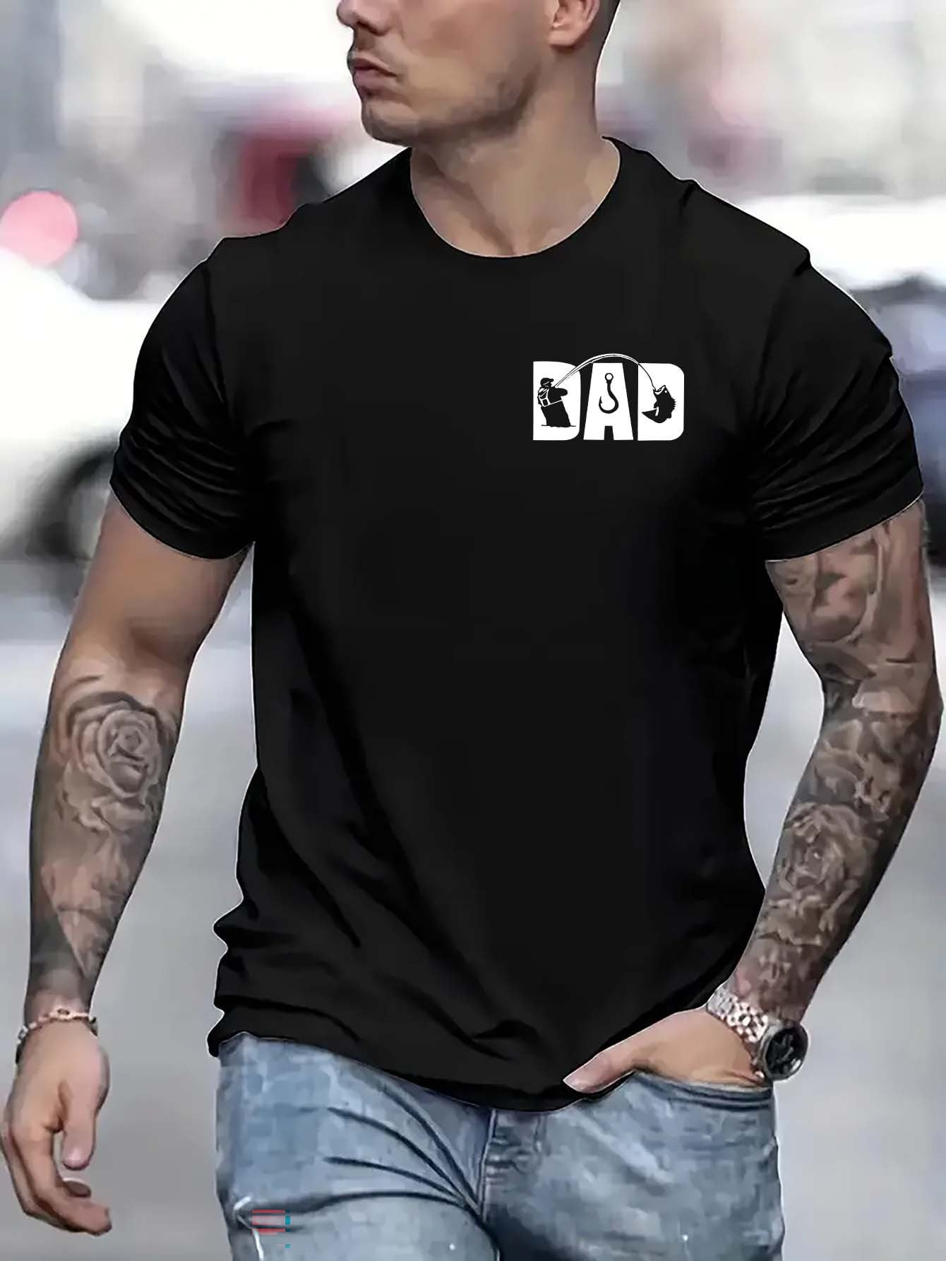 Fishing Pattern Logo Print Casual Crew Neck Short Sleeves For Men ...