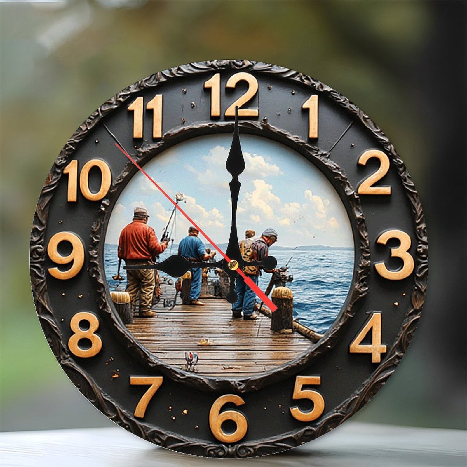 Fishing Pier Scene Wall Clock Rustic Decor 10-Inch Silent Wooden Wall ...