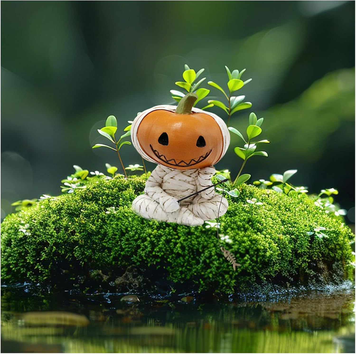 Fishing Pumpkin Figurine Spooky Sitting Figurine, Resin Fishing Pumpkin ...