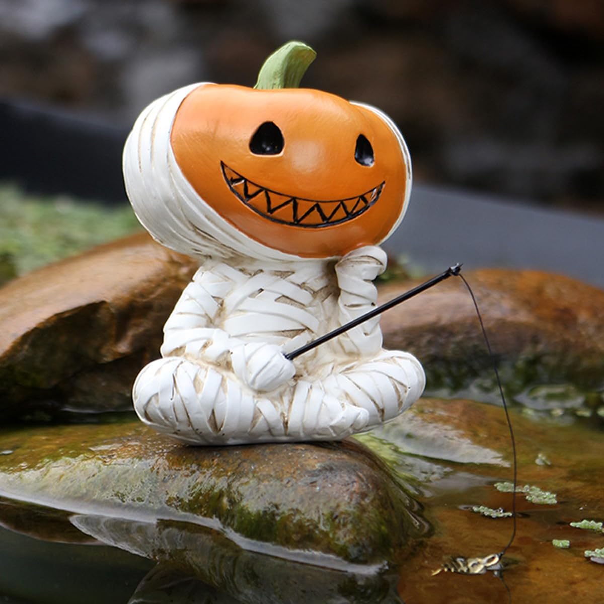 Fishing Pumpkin Head Mummy Statue Funny Halloween Decorations, 3.15 ...