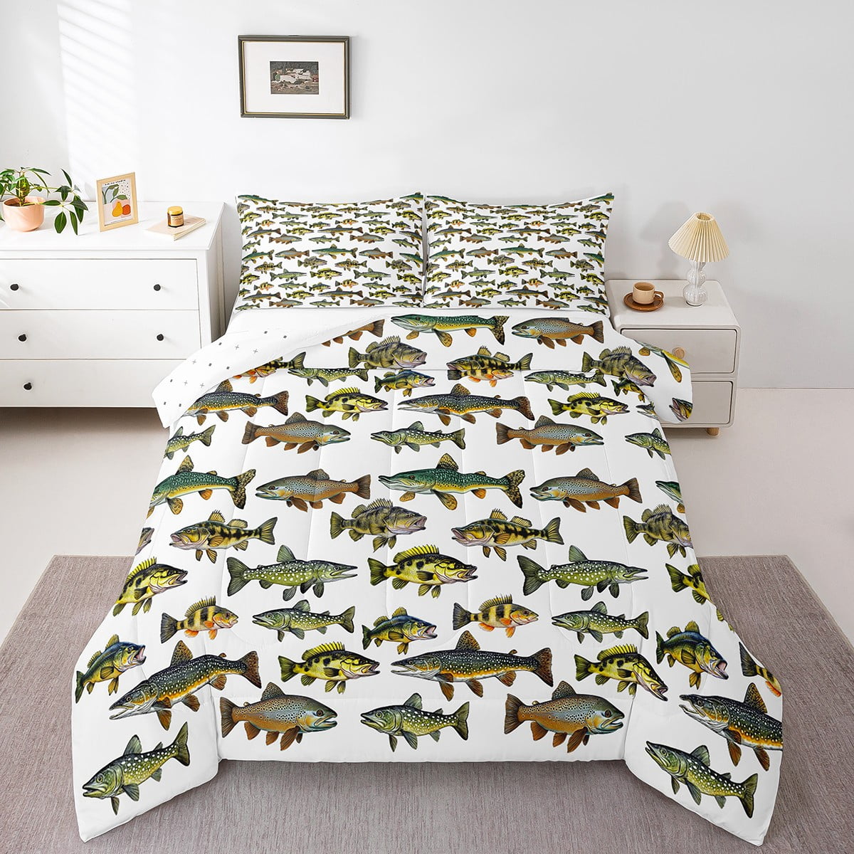 Fishing Queen Comforter Set, Big Pike Fish Retro Bed Set, Fishing And ...