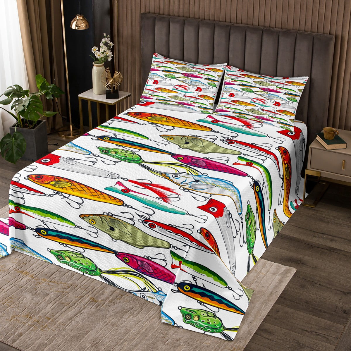 Fishing Quilt Set Queen, Fishing Hook Bedspread Set For Boys, Hand ...
