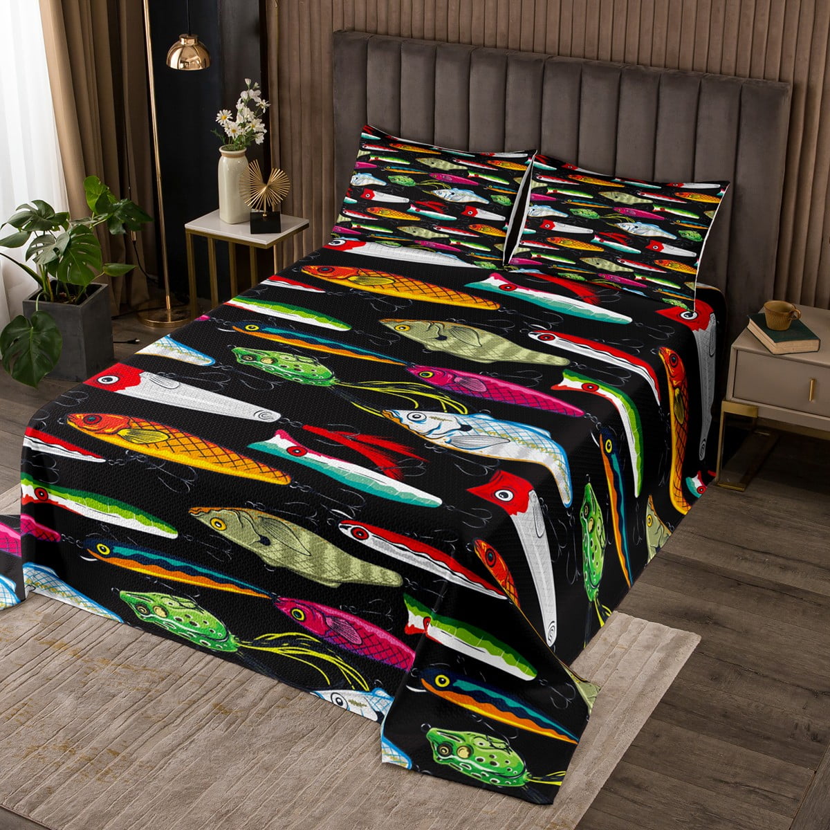 Fishing Quilt Set Twin, Fishing Hook Bedspread Set , Hand Drawn Green ...