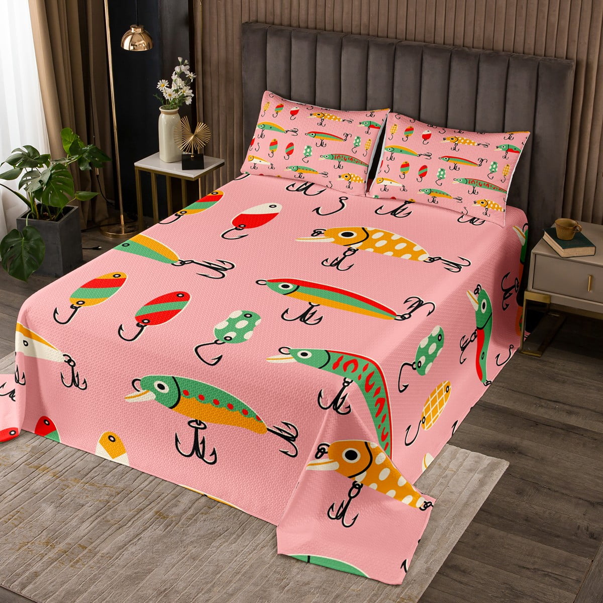 Fishing Quilt Set Twin, Fishing Hook Bedspread Set, Hand Drawn Green ...