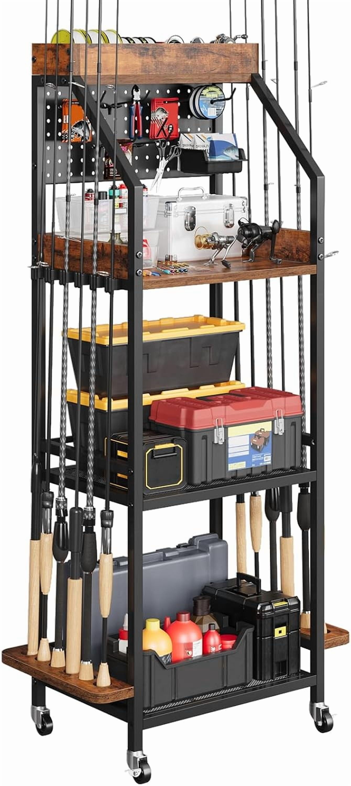 Fishing Rod Holder for Garage with Hooks & Pegboard, 3-Tier Fishing ...