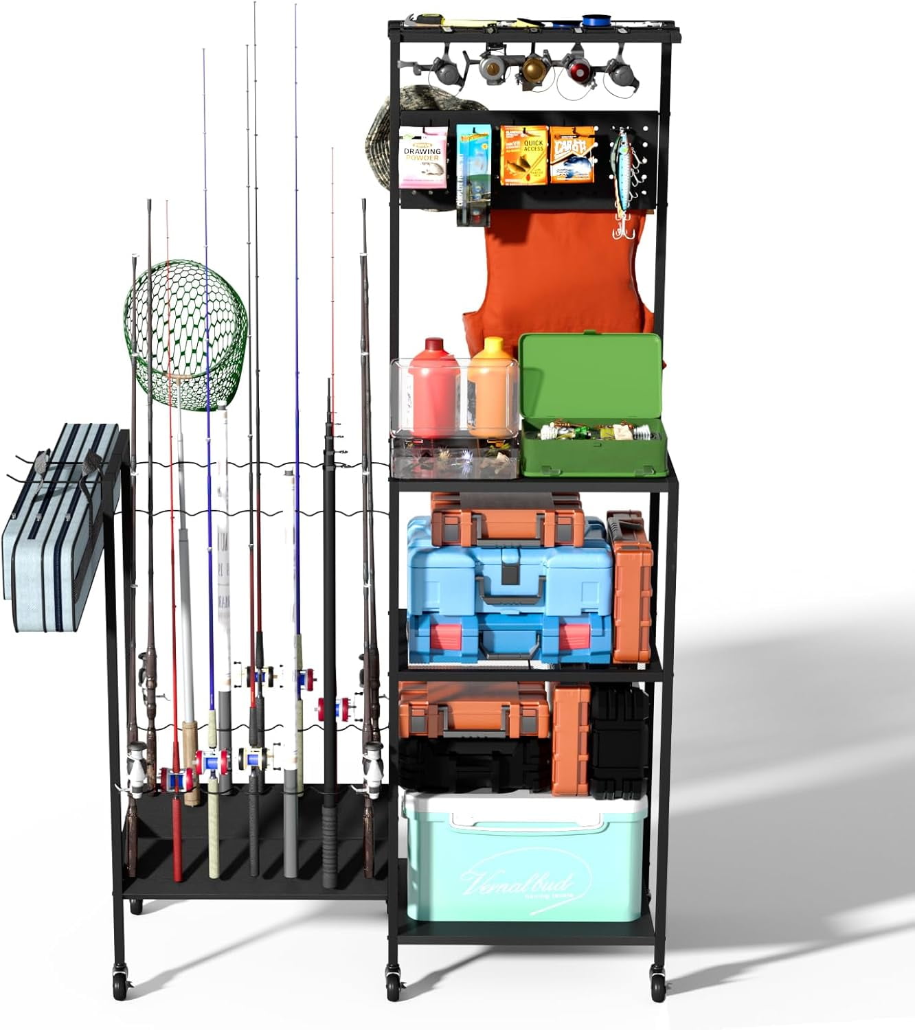 Fishing Rod Holder Organizer with Fabric Drawer & Pegboard, Space ...