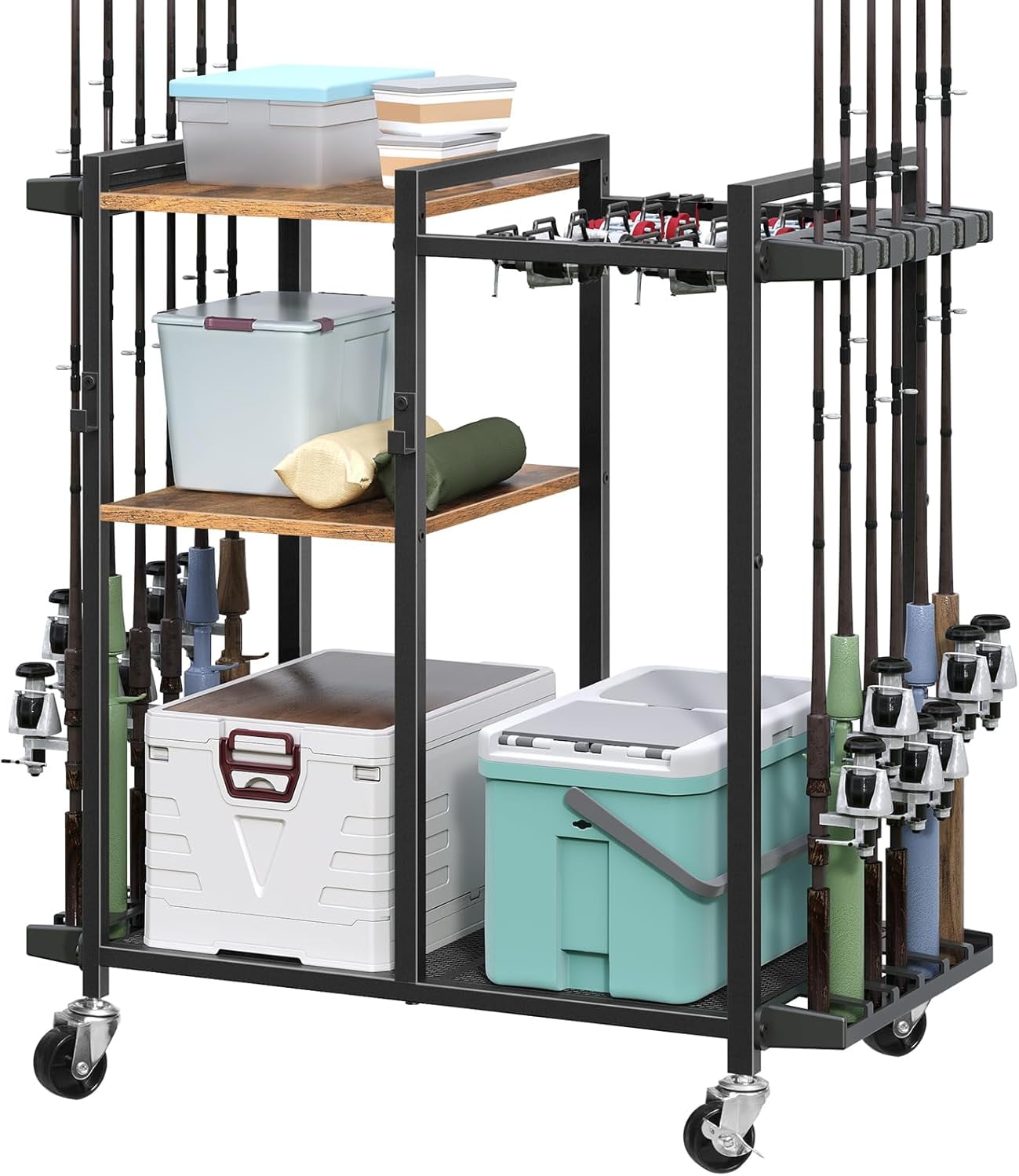 Fishing Rod Holder with Wheels, Movable Fishing Pole Rack Cart for 12 ...