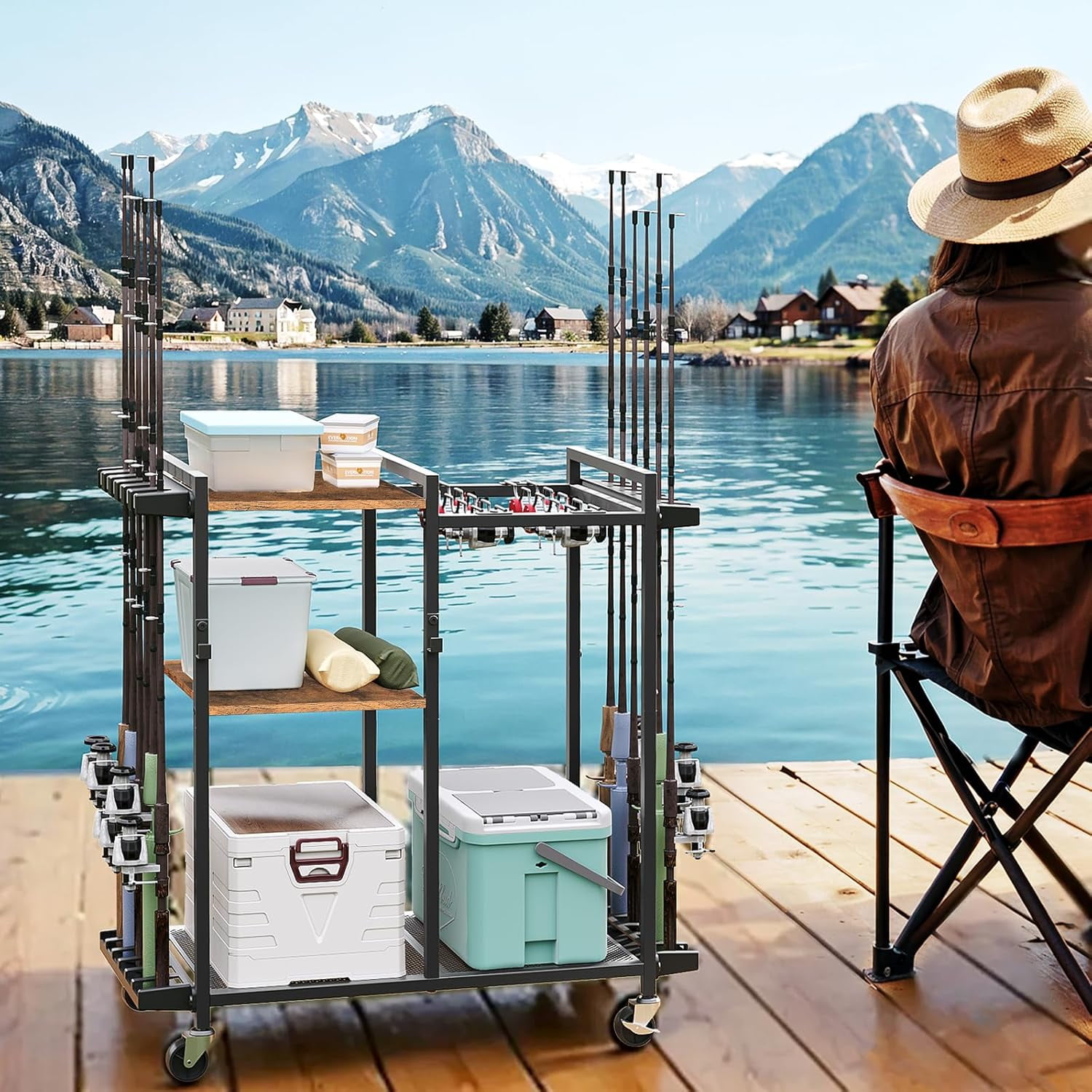 Fishing Rod Holder with Wheels, Movable 3 Tier Storage Cart for 12 Rods ...