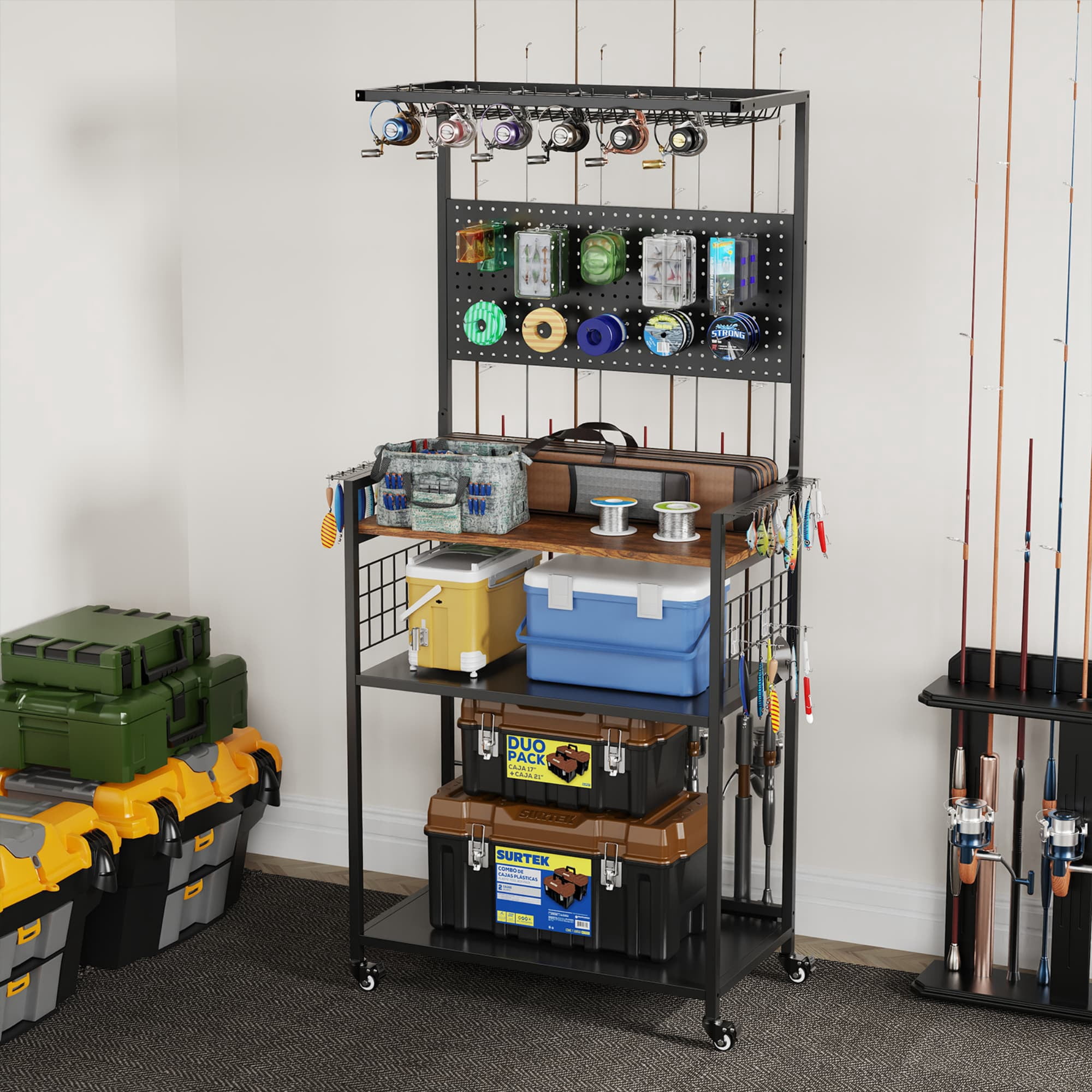 Fishing Rod Storage Rack with Pegboard, Rolling Tackle & Tool Organizer ...