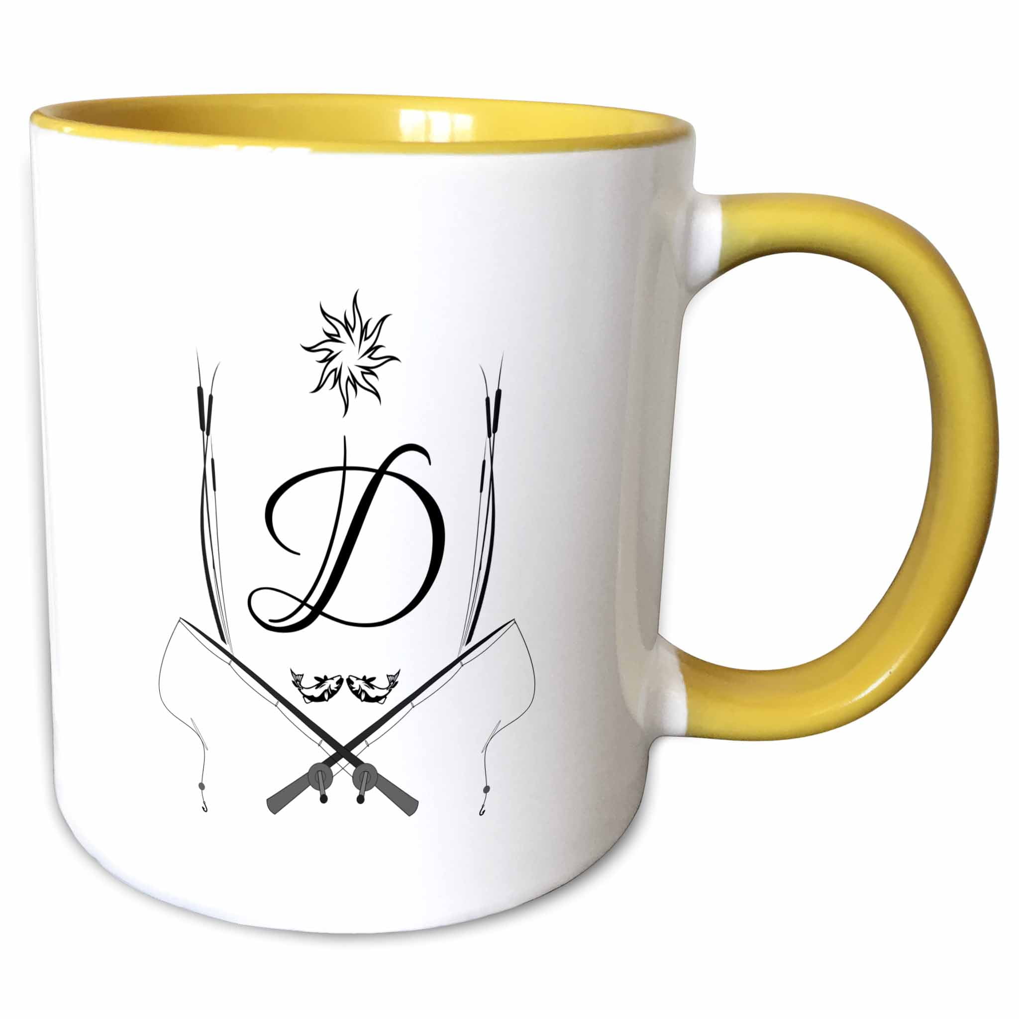 3drose, Fishing Rods, Fish, Sun, Cattail Plant. Charming Letter D, 15oz ...