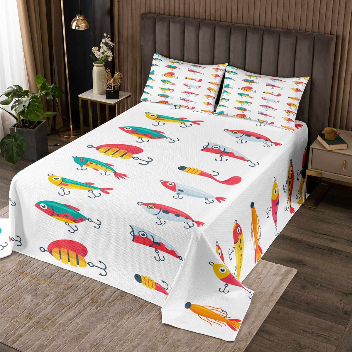 Fishing Rods Quilt Set Queen, Fishing Baits Bedspread Set For Kids ...