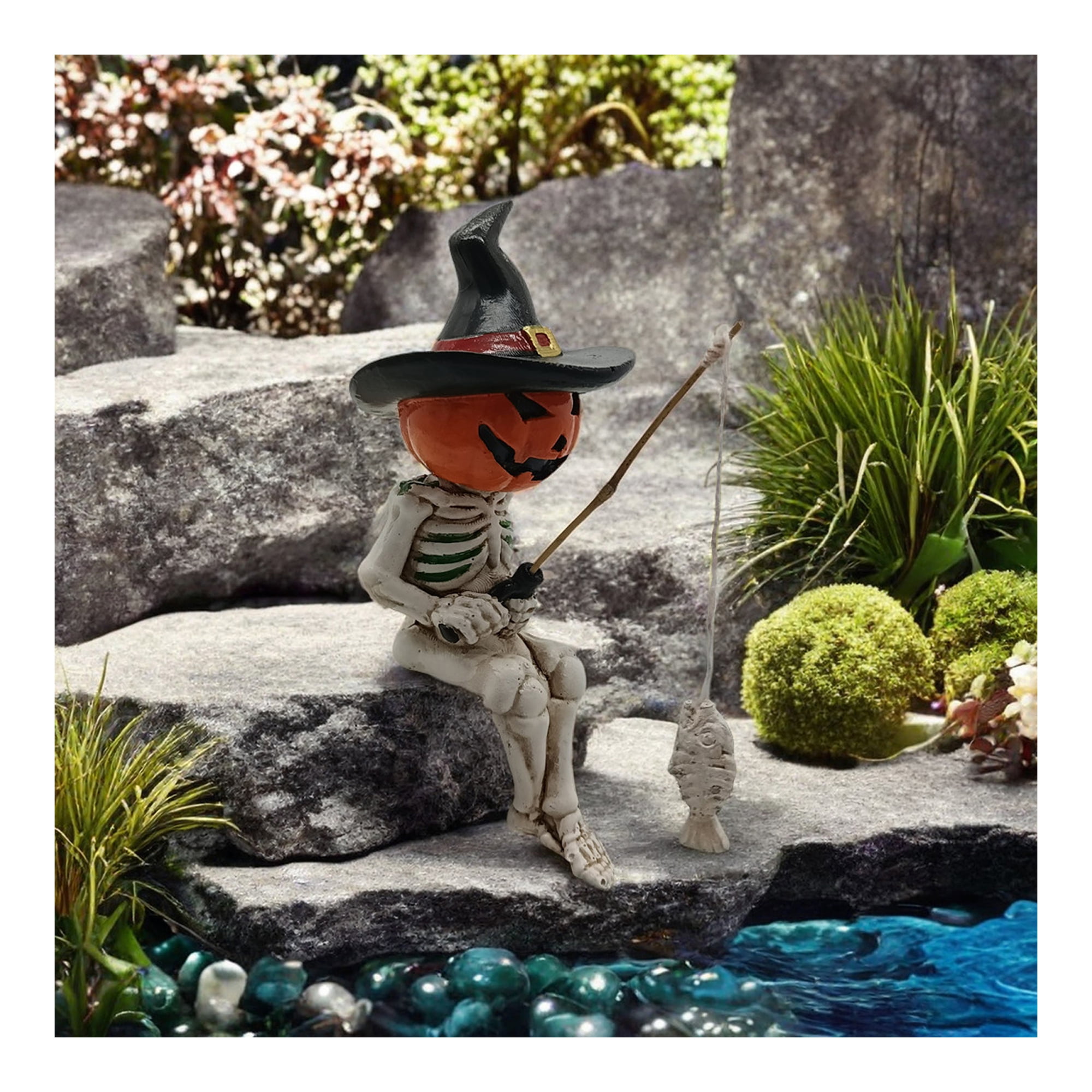 Fishing Skeleton Statue Mini Skull Figurines Halloween Gothic Decor ...
