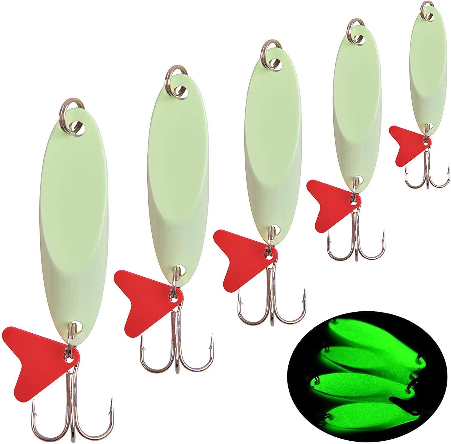 Fishing Spoon Lures Glow Spoons Jigging Bait with Sharp Treble Hooks ...
