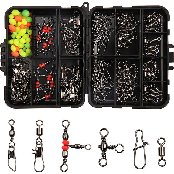 VanRolldex Fishing Swivel Snaps Kit 140pcs with Ball Bearing Swivels Beads Connector Clips ...