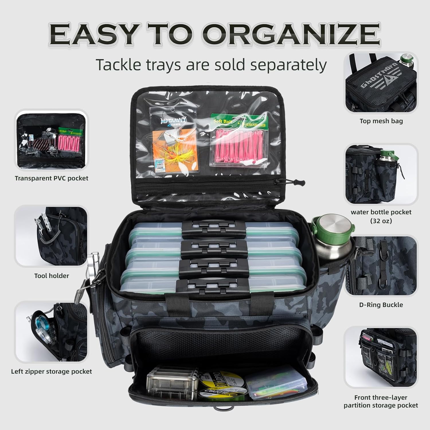 Fishing Tackle Bag with Rod Holder Saltwater & Freshwater Resistant ...