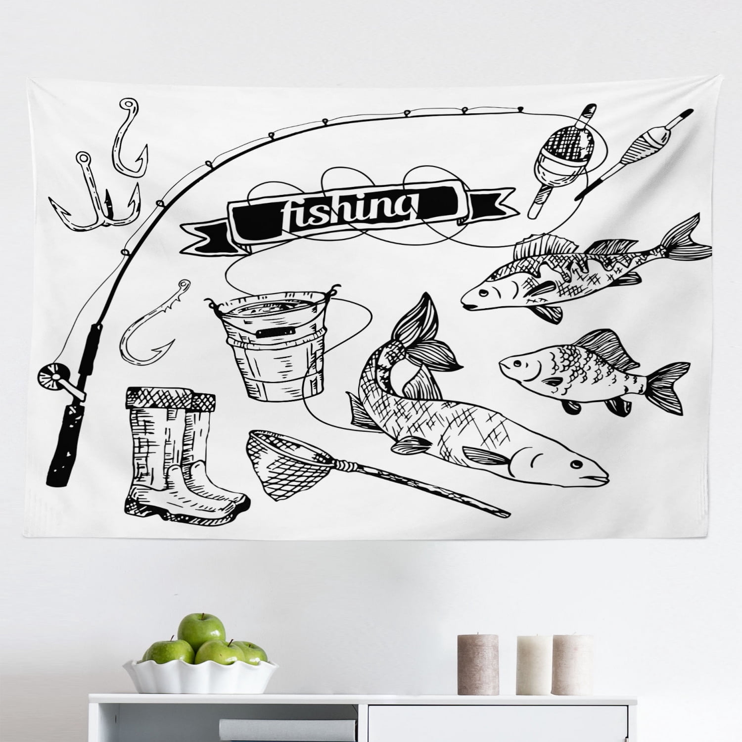 Fishing Tapestry, Composition of Fishing Lures in Trout Shape Trap for ...