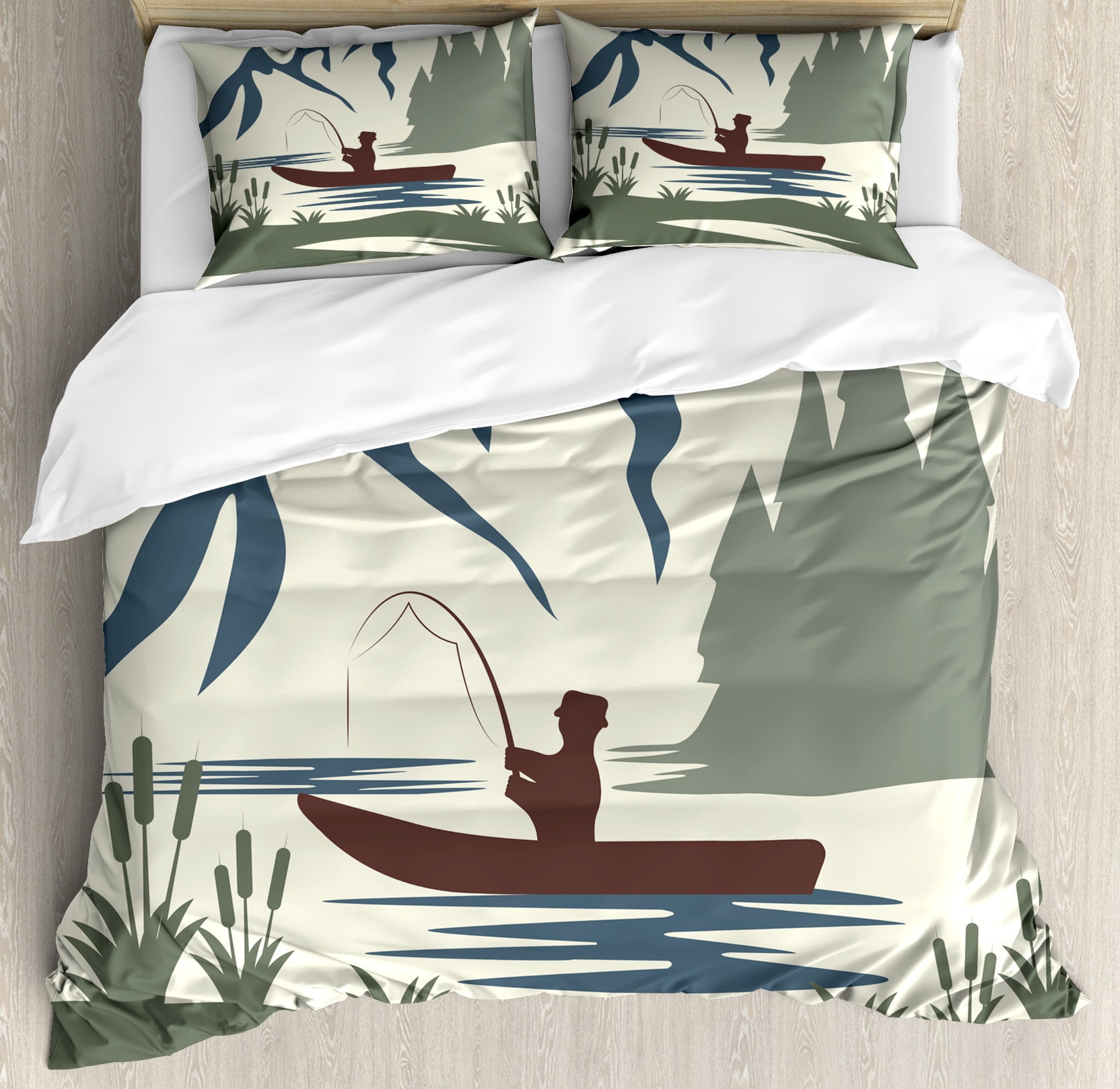 Fishing Theme Duvet Cover Set, Abstract Man Angling on Boat Natural ...
