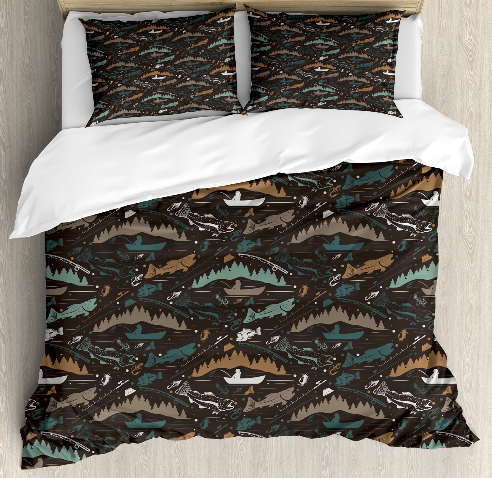 Fishing Theme Duvet Cover Set, Pattern of Nautical Elements with Fish ...