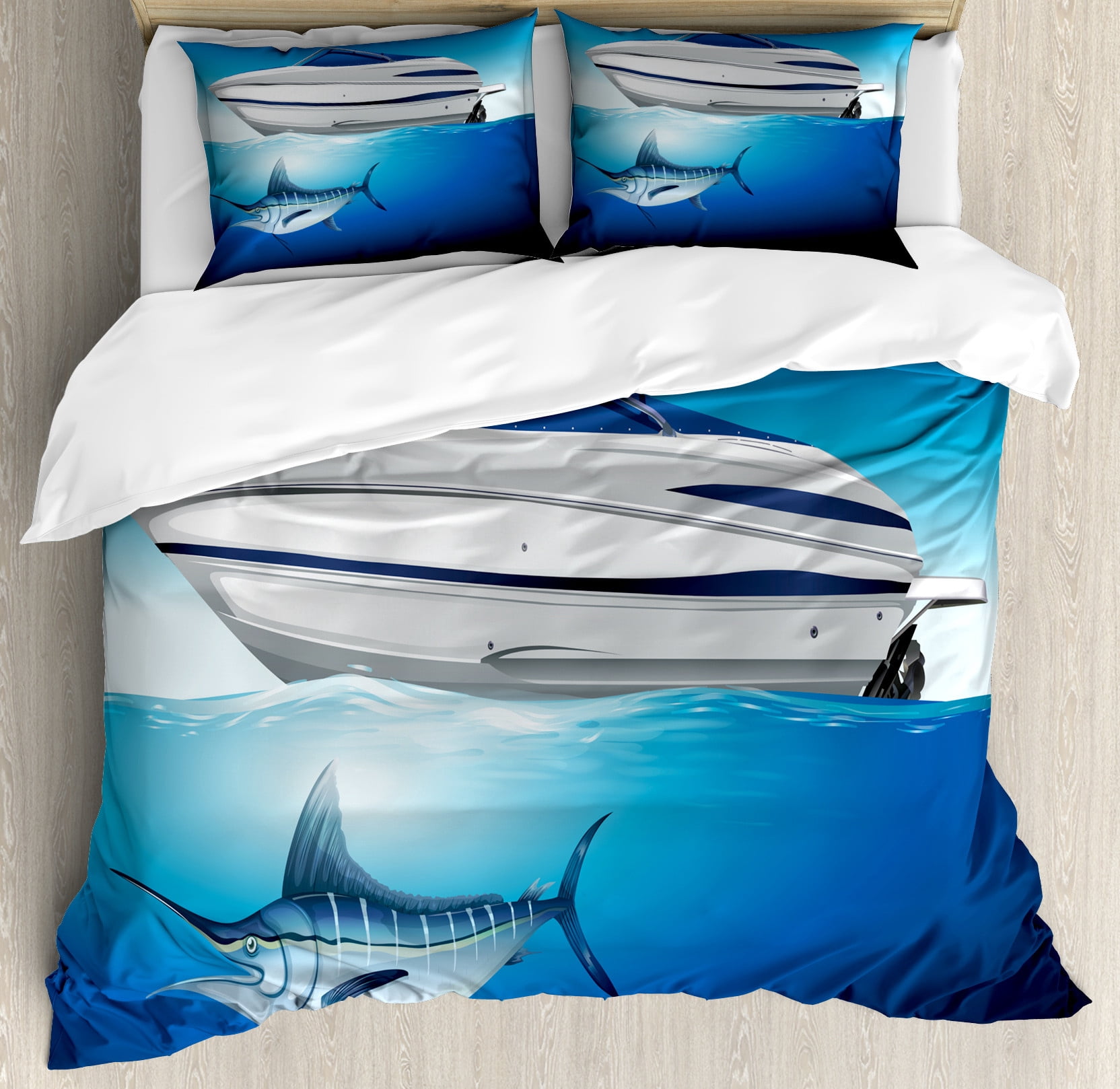 Fishing Theme Duvet Cover Set, Seascape from White Boat in the Ocean ...