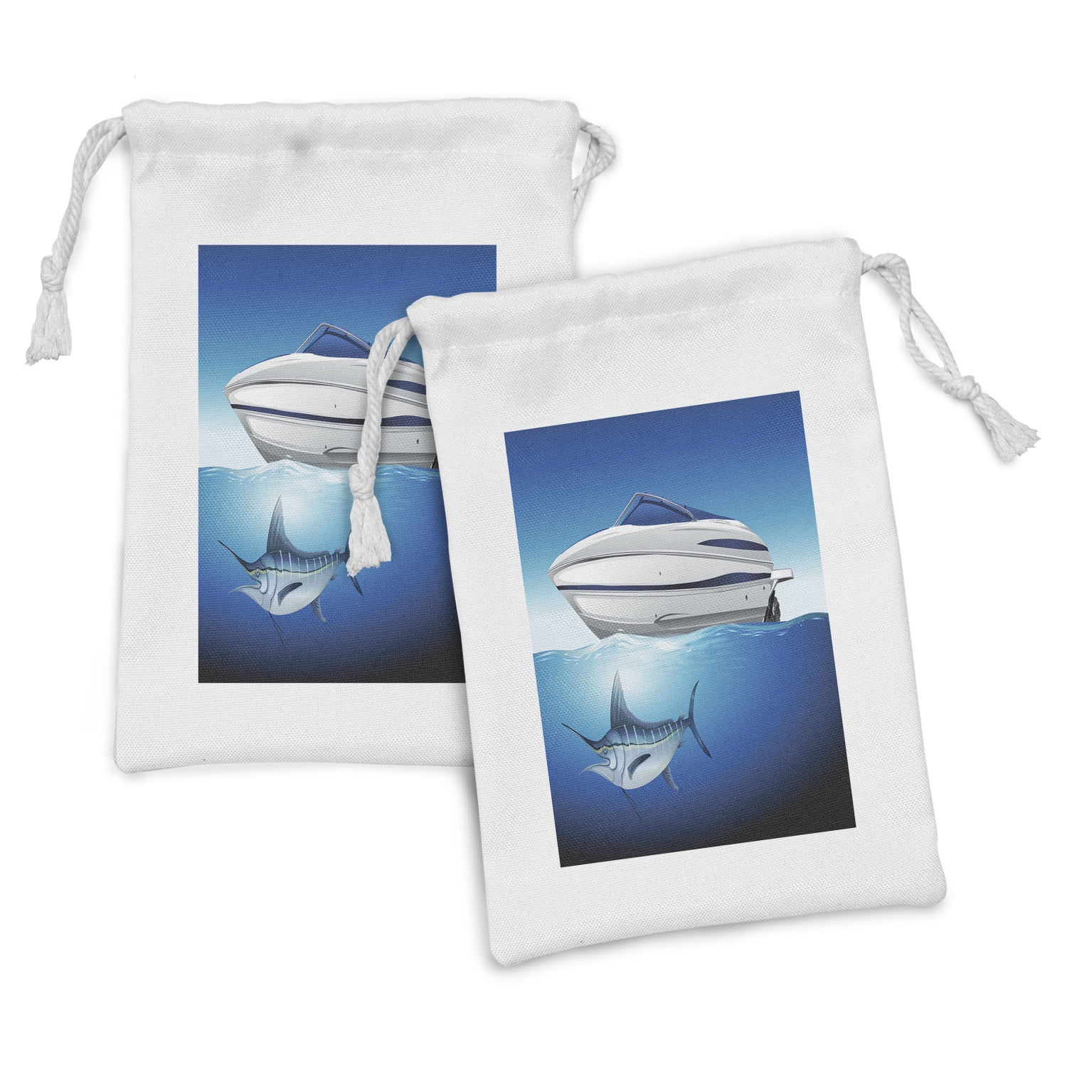 Fishing Theme Fabric Pouch Set of 2, Seascape from White Boat in the ...
