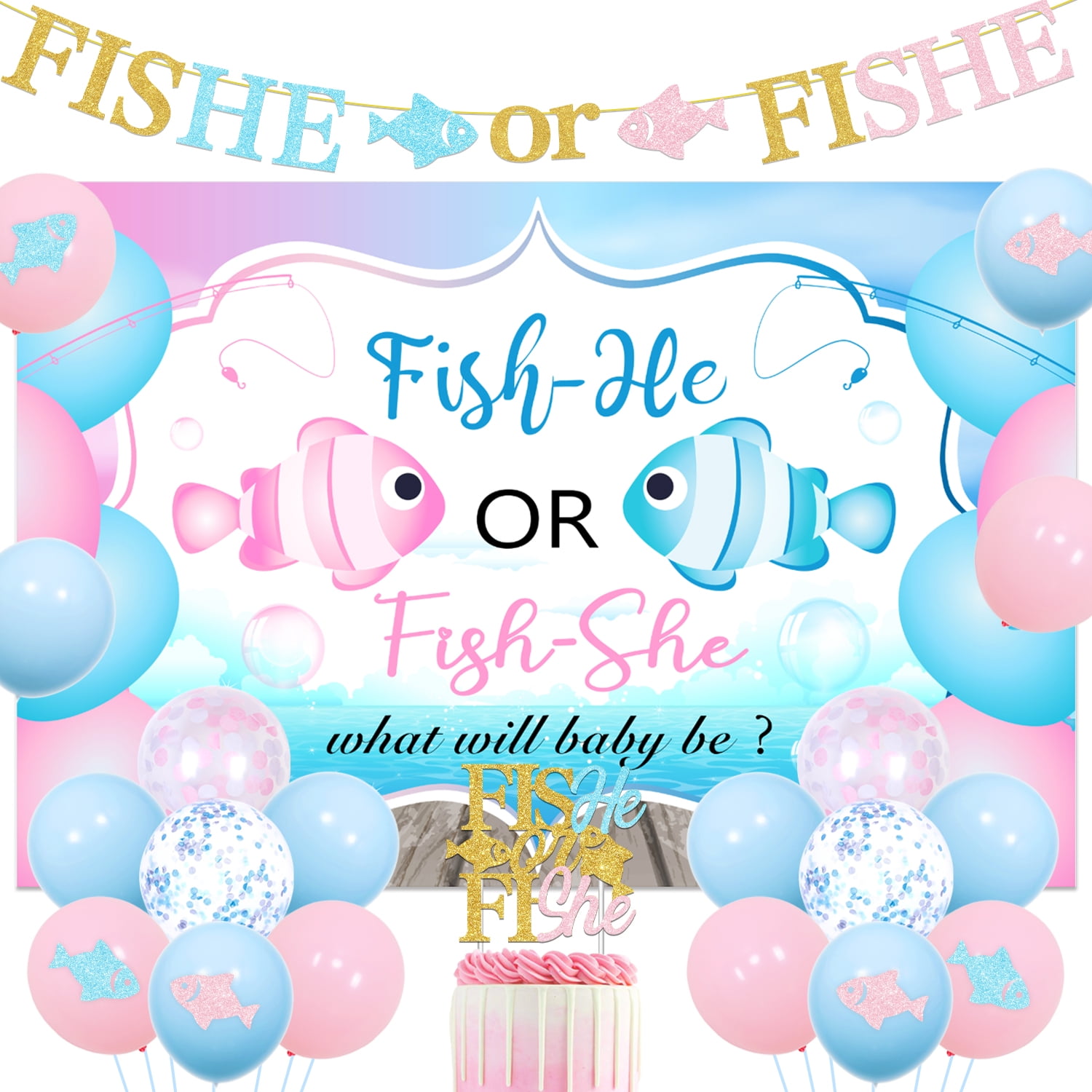 Fishing Theme Gender Disclosure Set - Blue Pink Fish Print Background Cloth, Fishe or Fishe ...