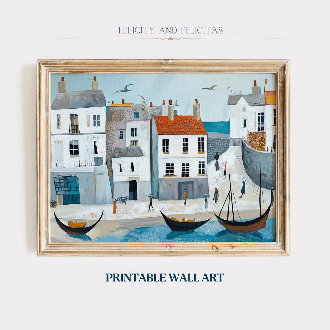 Fishing Village Wall Art, Whimsical Costal Painting, Neutral Beach ...