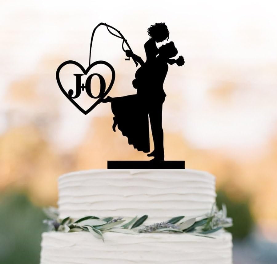 Fishing Wedding Cake Toppers With Initial,heart Cake Topper,Fisherman ...