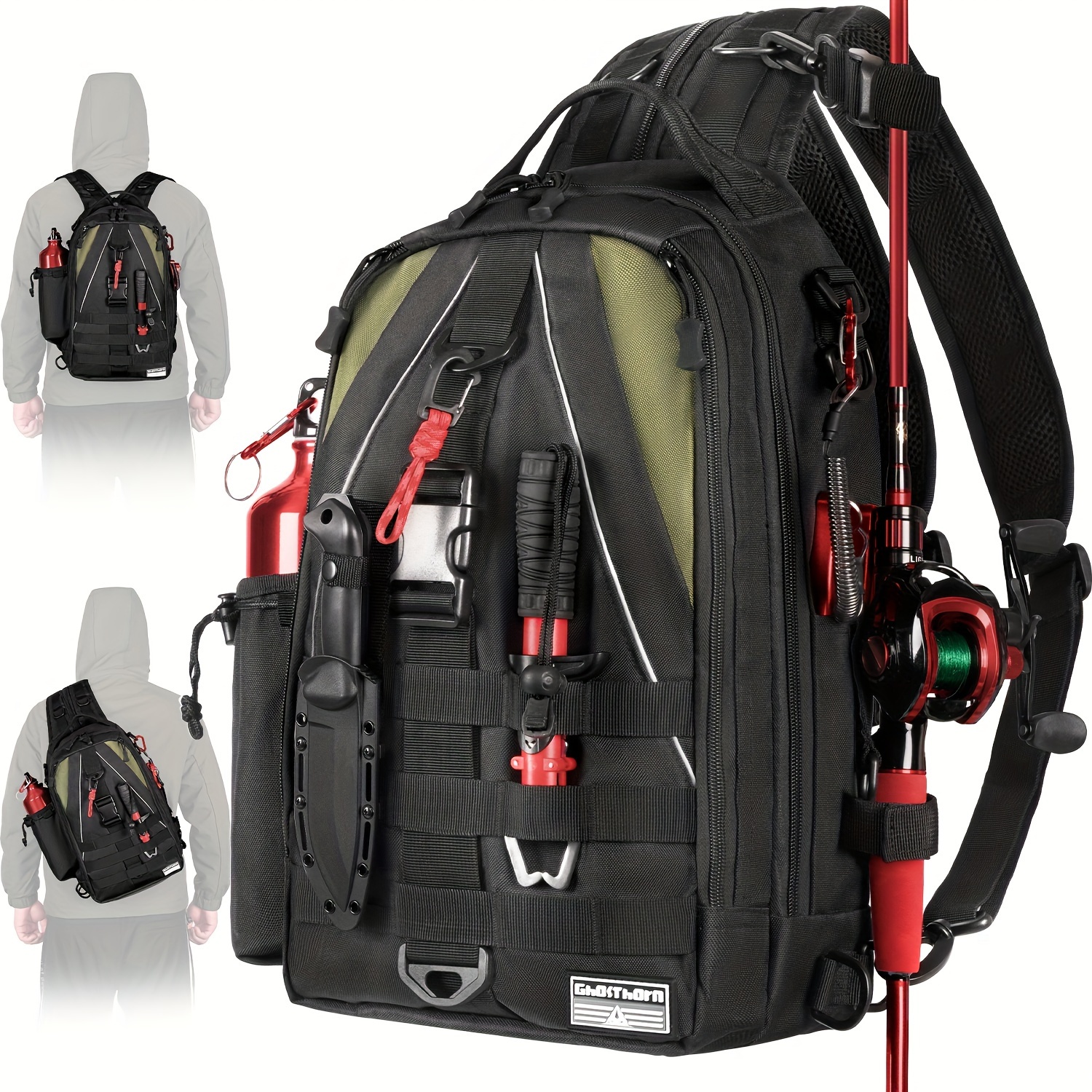 Fishing backpack with rod rack and fishing gear hanging bag, men's fly ...